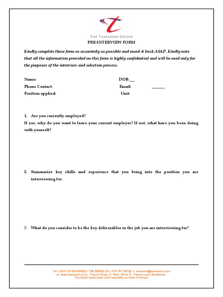 Pre-Interview Form - Tamarind | PDF