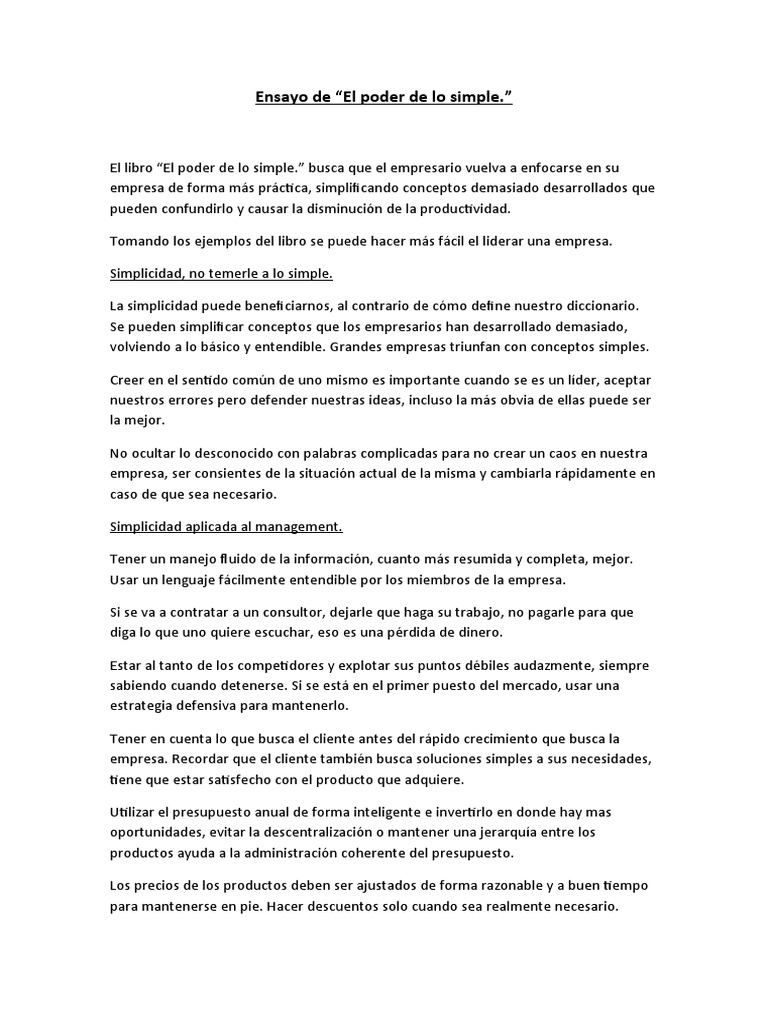Ensayo de El Poder de Lo Simple | PDF | Presupuesto | Mercado (economía)