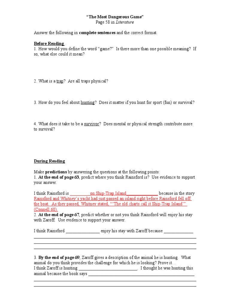 5the Most Dangerous Game Sample Answers | PDF | Cognition