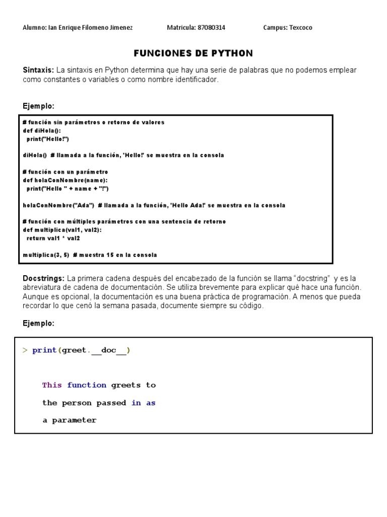 Funciones y Docstrings en Python | PDF | Métodos y materiales de enseñanza | Tecnología
