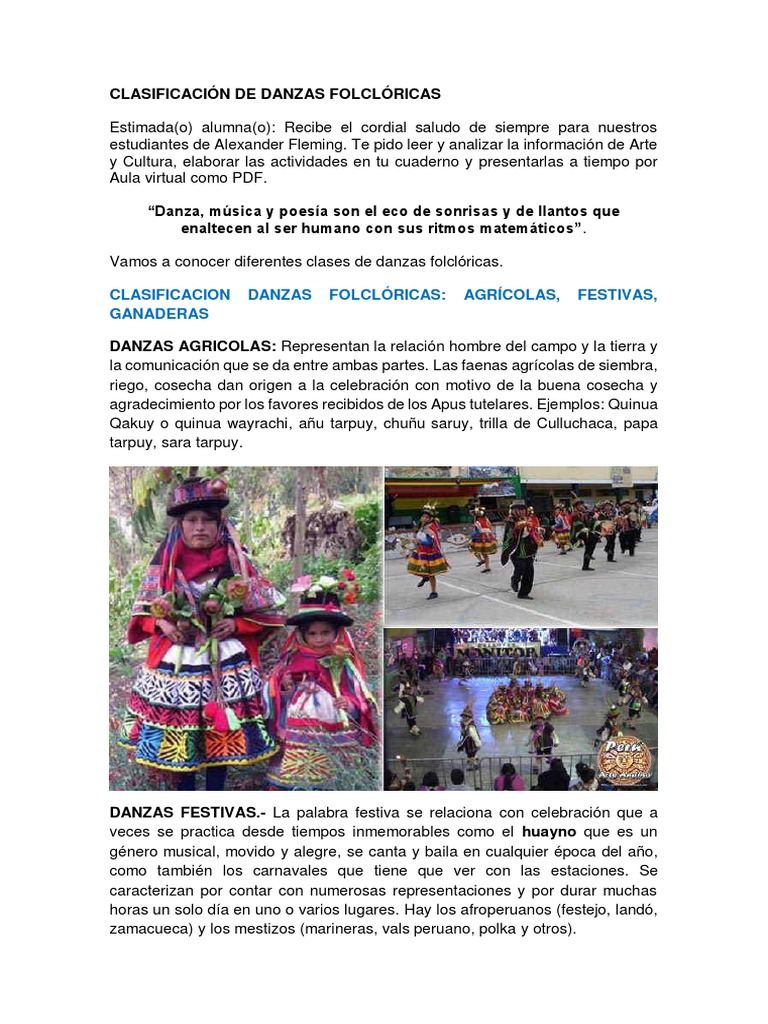 Clasificación de Danzas Folclóricas | PDF | Las artes escénicas | Bailes
