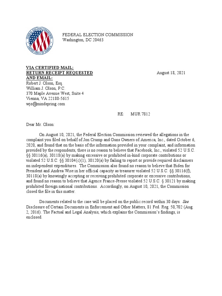 FEC MUR 7812 Closing Letter To Complainant Robert Olson | Download Free ...