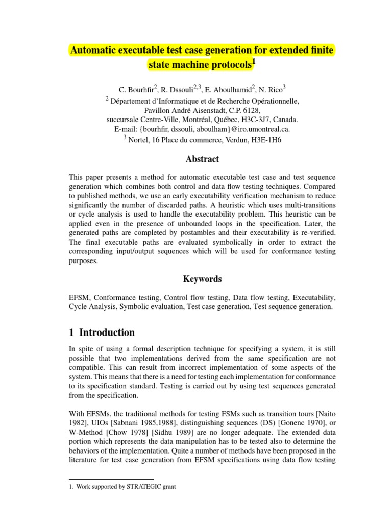 Automatic Executable Test Case Generation For Extended Finite State Machine Protocols Pdf