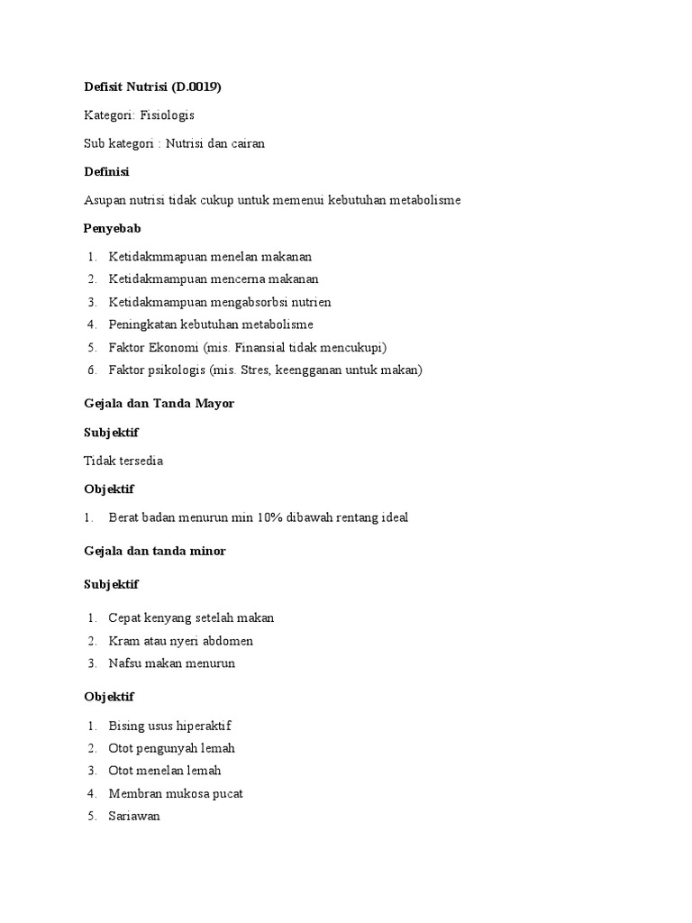 Defisit Nutrisi | PDF | Kesehatan Holistik | Sains & Matematika
