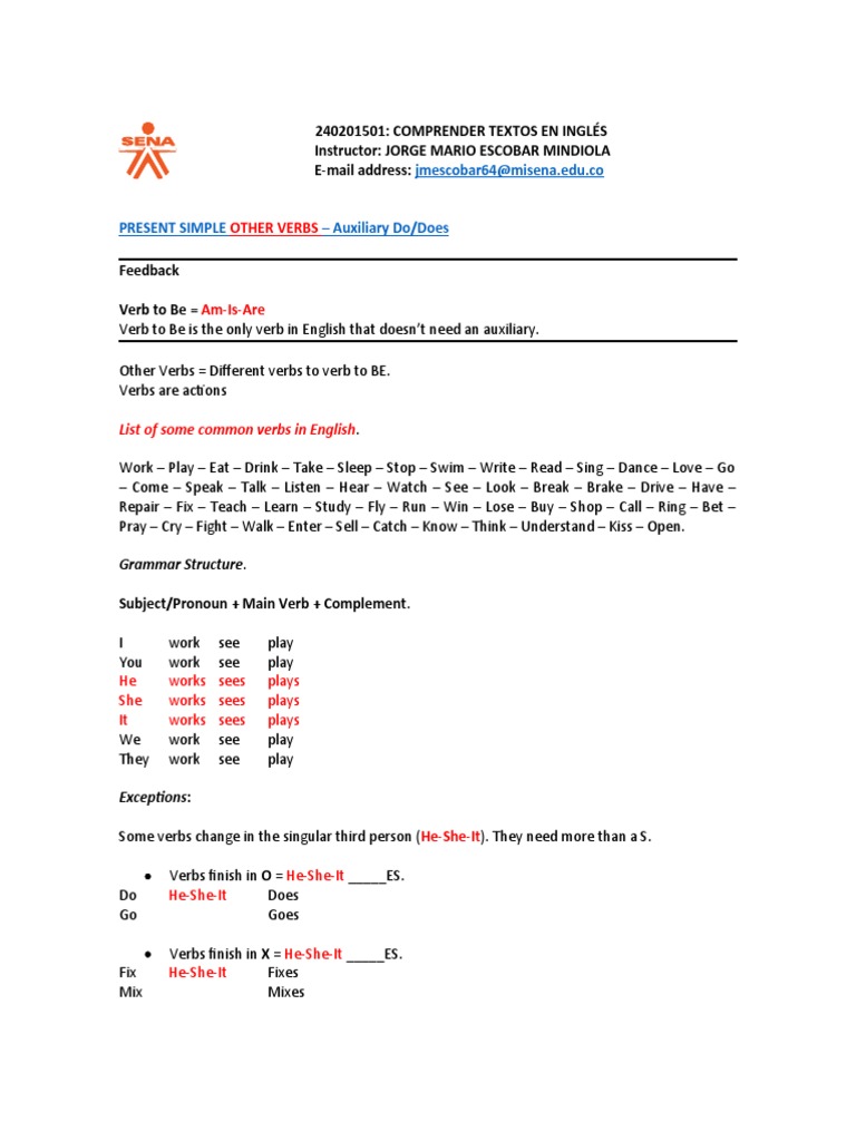 PRESENT SIMPLE OTHER VERBS - Auxiliary Do-Does | PDF | Verb | English ...