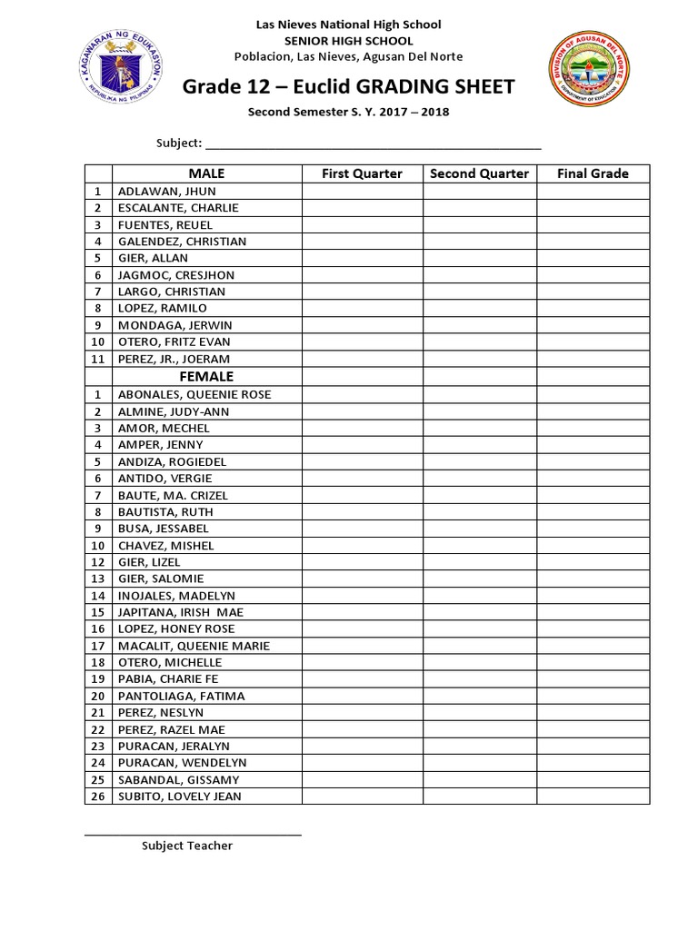 Grade 12 - Euclid GRADING SHEET: Male First Quarter Second Quarter Final Grade | PDF