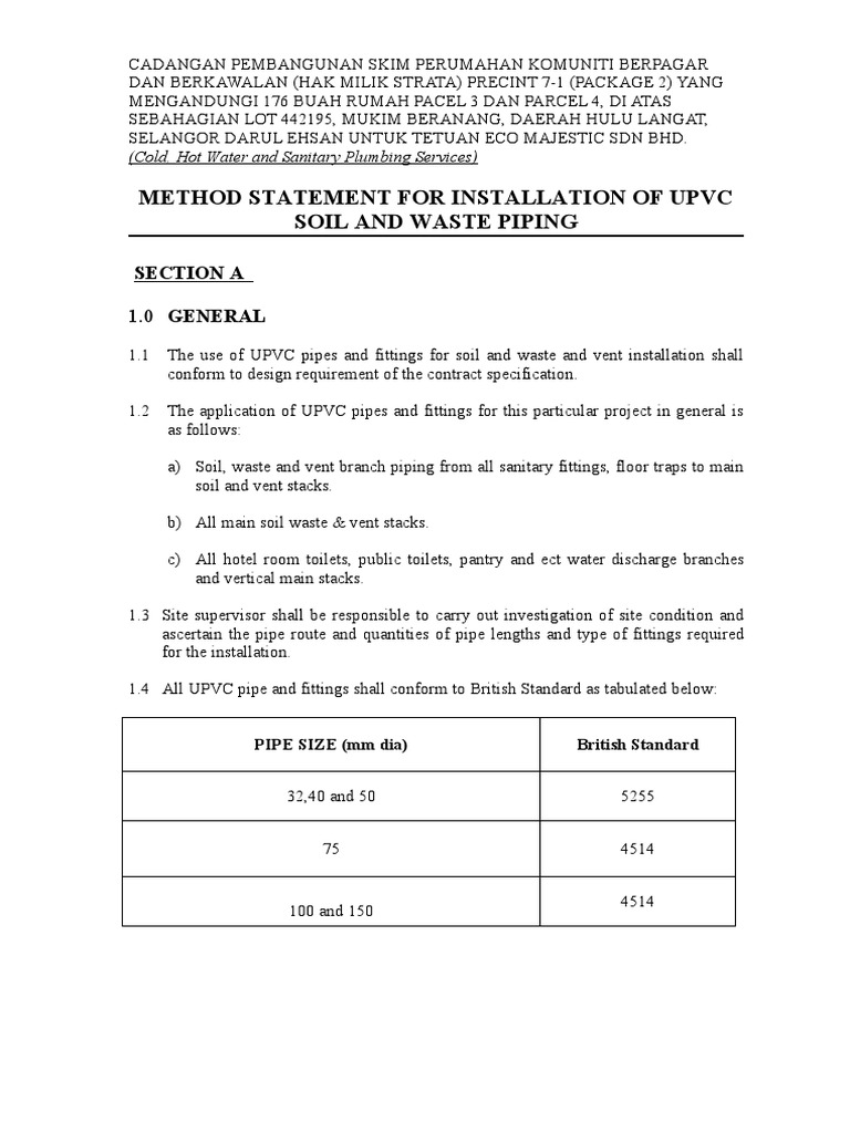 3 Upvc Method of Statement ABOVE GRD UPVC | PDF | Pipe (Fluid Conveyance) | Plumbing