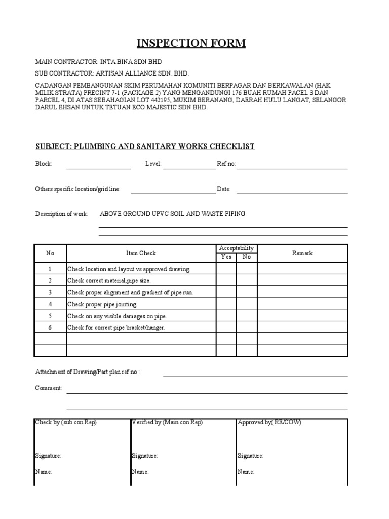 5 Inspection Form ABOVE GRD UPVC | PDF