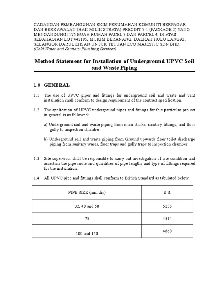 Method Statement For Installation of Underground UPVC Soil and Waste ...