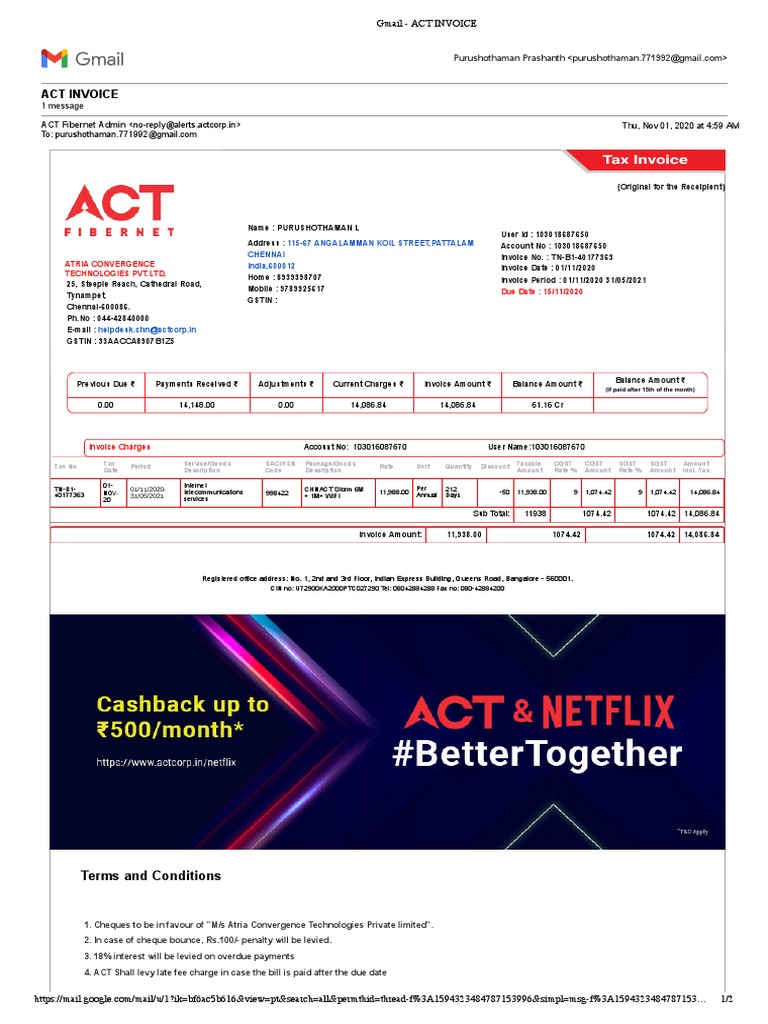 Act Invoice: ACT Fibernet Admin | Download Free PDF | Cheque | Invoice