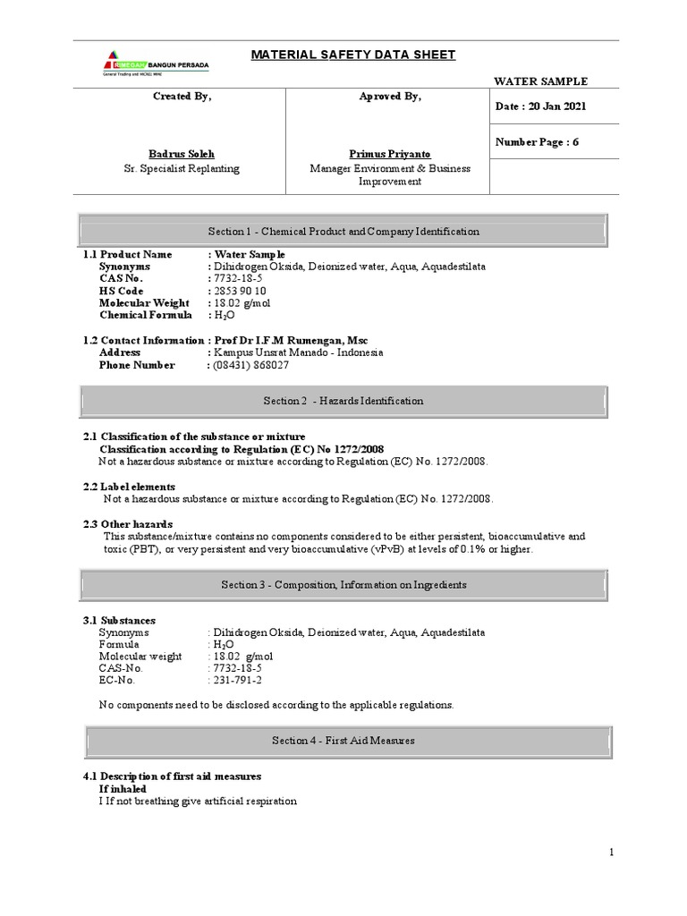 Msds Water Sample | Download Free PDF | Toxicity | Dangerous Goods
