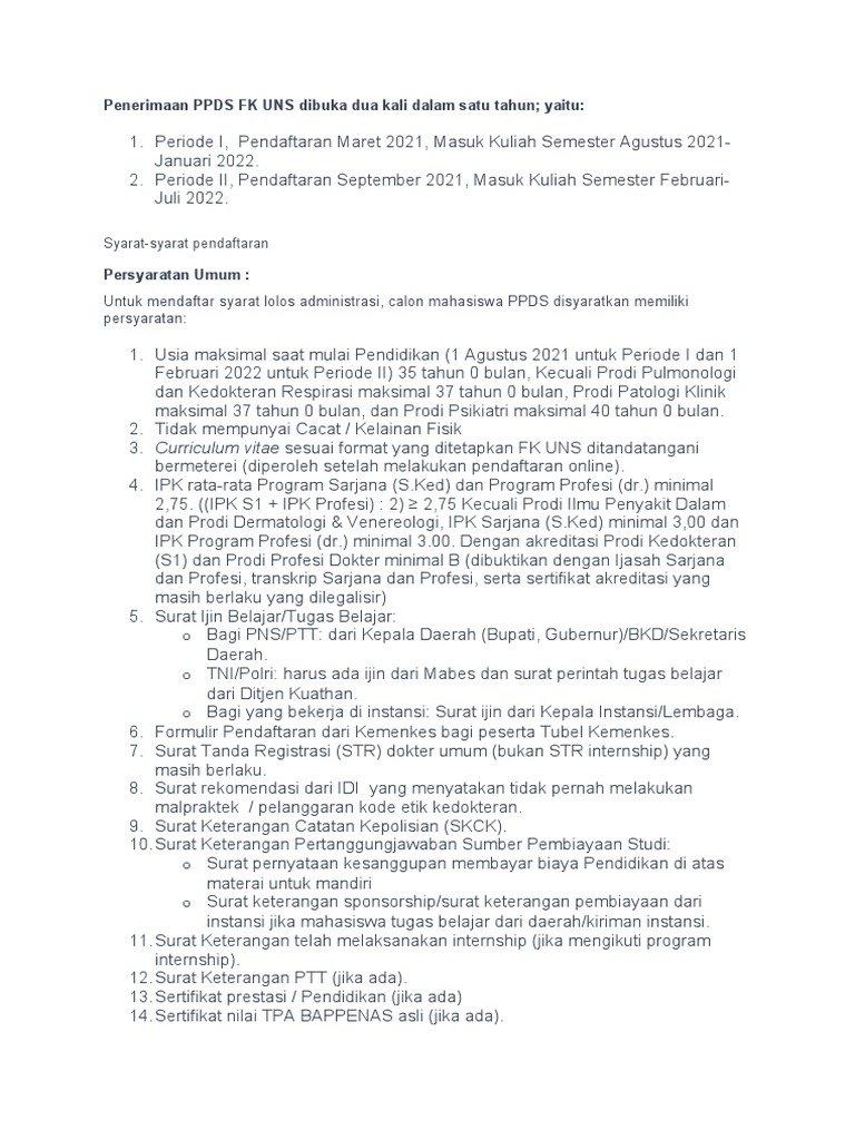 Syarat, Jadwal, Pendaftaran PPDS FK UNS | PDF