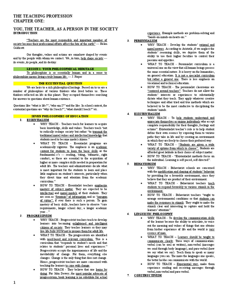 The Teaching Profession Chapter One: You, The Teacher, As A Person in ...