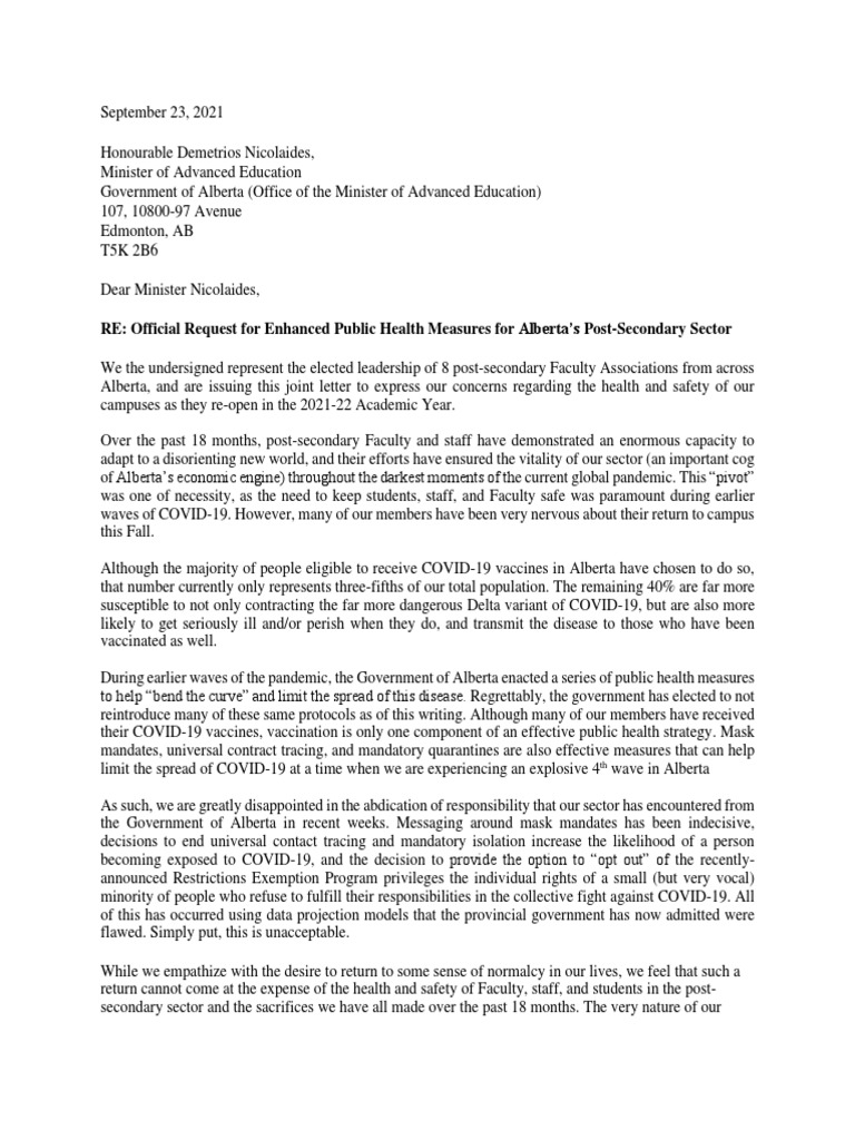 Official Request For Enhanced Public Health Measures For Alberta's Post ...
