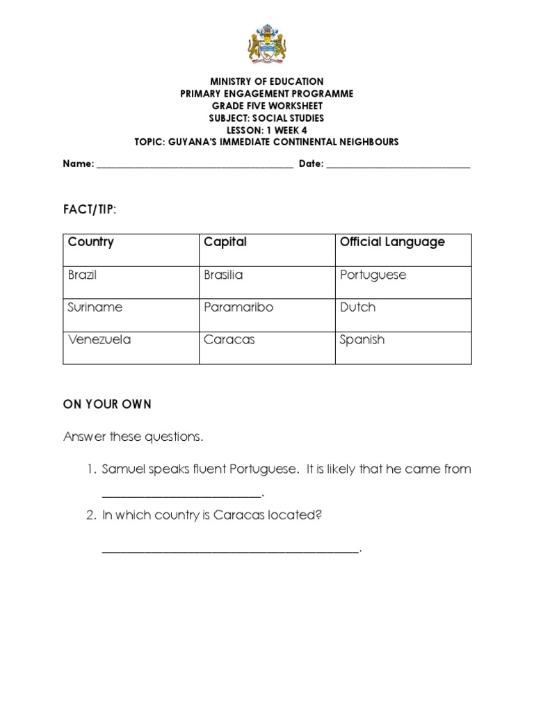 Grade 5 Social Studies Worksheet: Guyana's Neighbors | PDF | Foreign ...