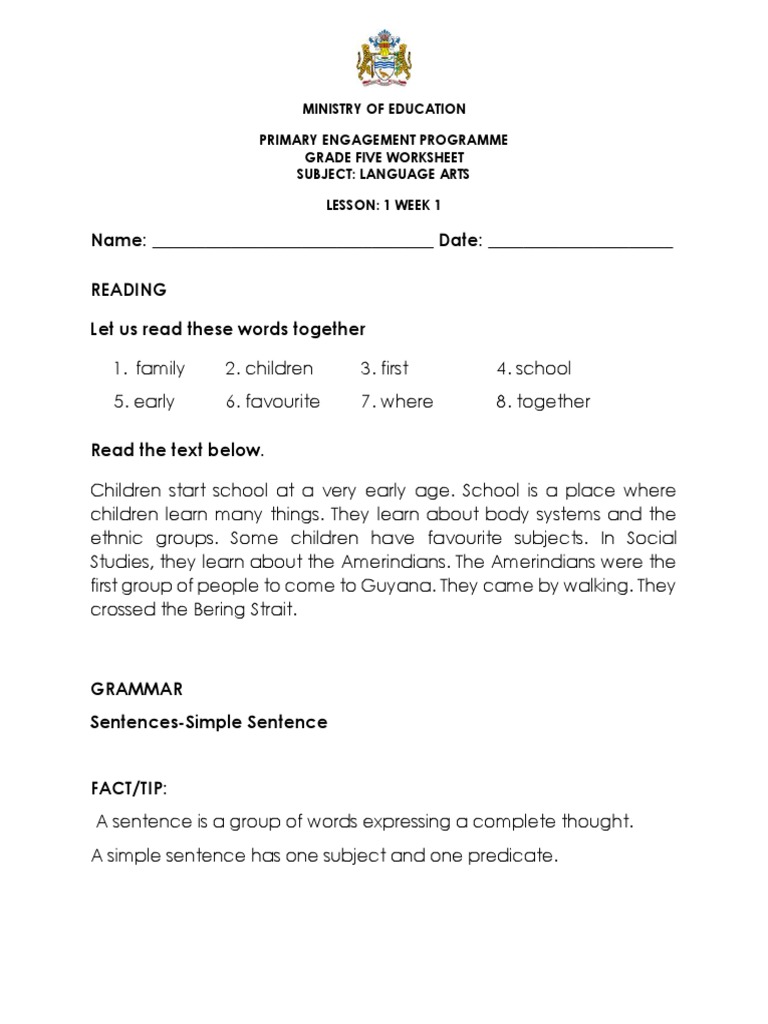 Grade 5 Language Arts Week 1 Lesson 1 | PDF | Subject (Grammar ...