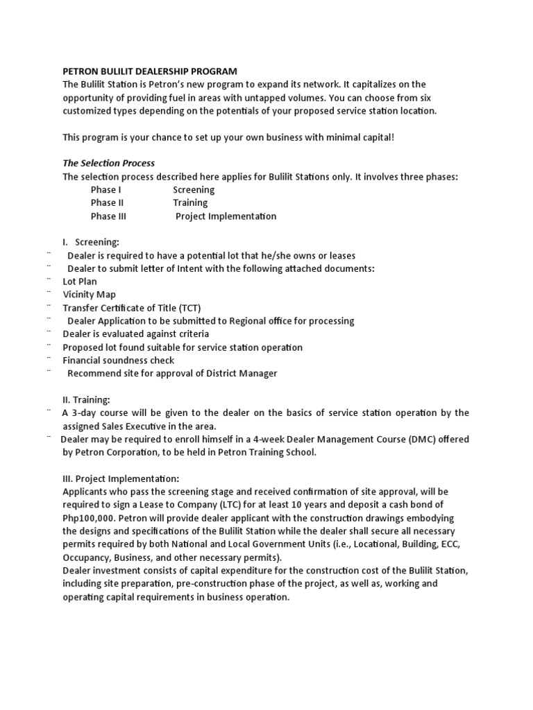 Petron Bulilit Dealership Program | PDF | Business