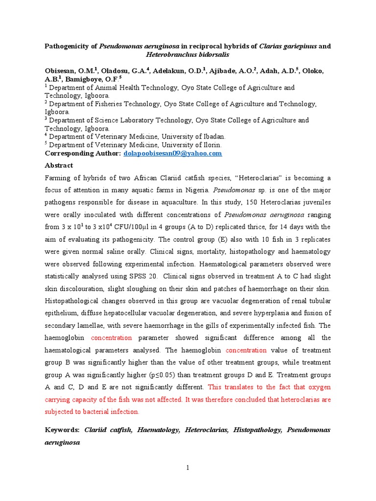 Pathogenic Effects of Pseudomonas on Heteroclarias | PDF | Epithelium ...