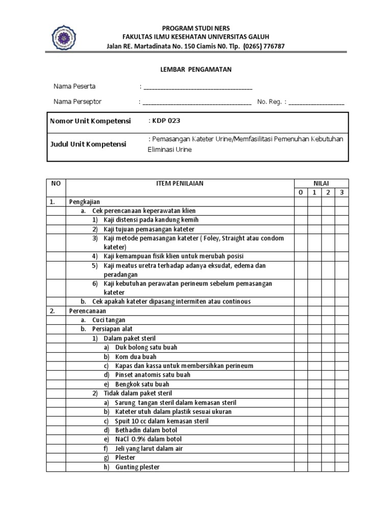 Lembar Pengamatan Pemasangan Kateter Urine. Eliminasi (KDP 023) | PDF | Griya & Taman ...