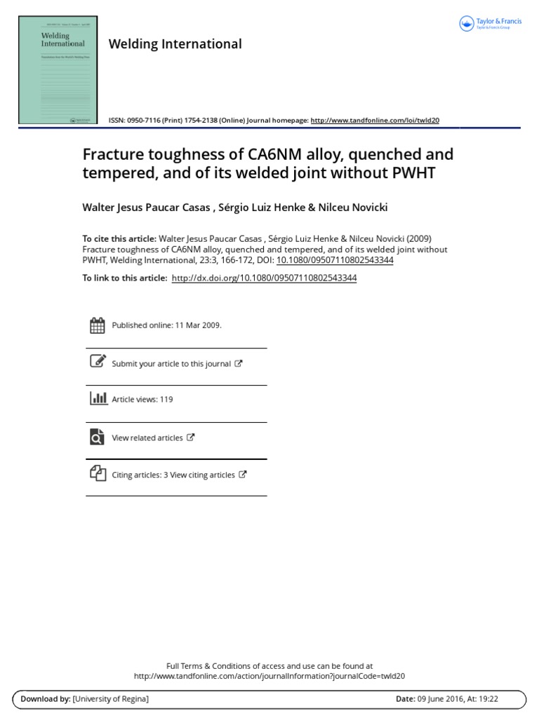 Fracture Toughness of CA6NM Alloy, Quenched and Tempered, and of Its ...