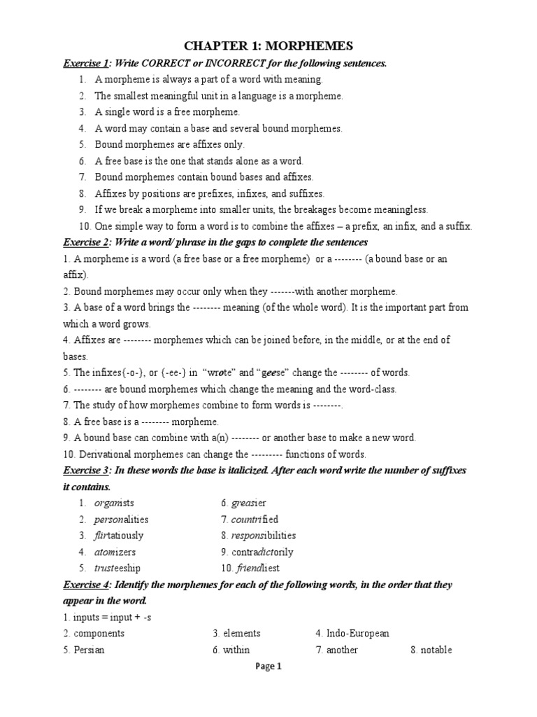 Extra Exercise 1 Chapter 1 - Morphemes | PDF | Word | Syntactic Relationships