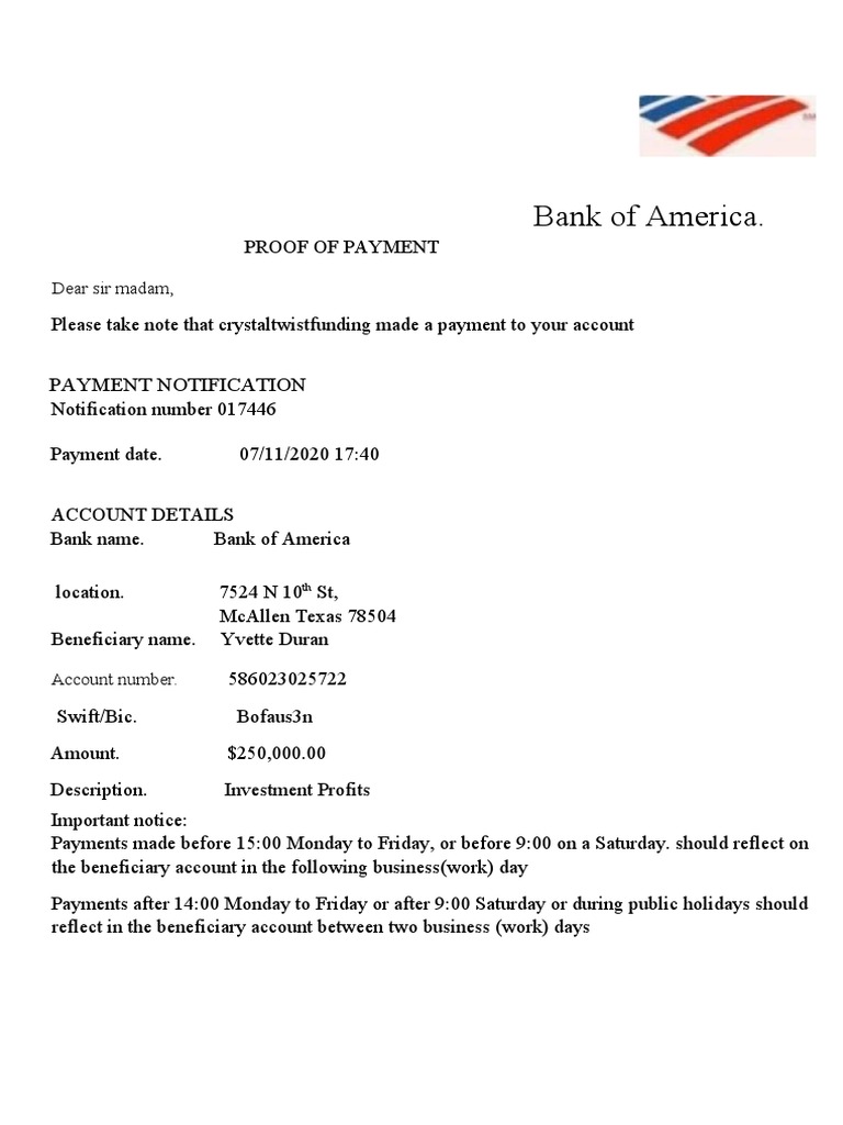 Bank of America.: Payment Notification | PDF | Finance & Money Management