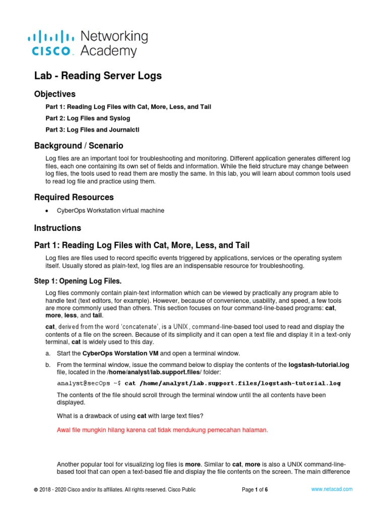 Monitoring and Analyzing Log Files: An Introduction to Cat, More, Less, Tail, and Syslog | PDF ...