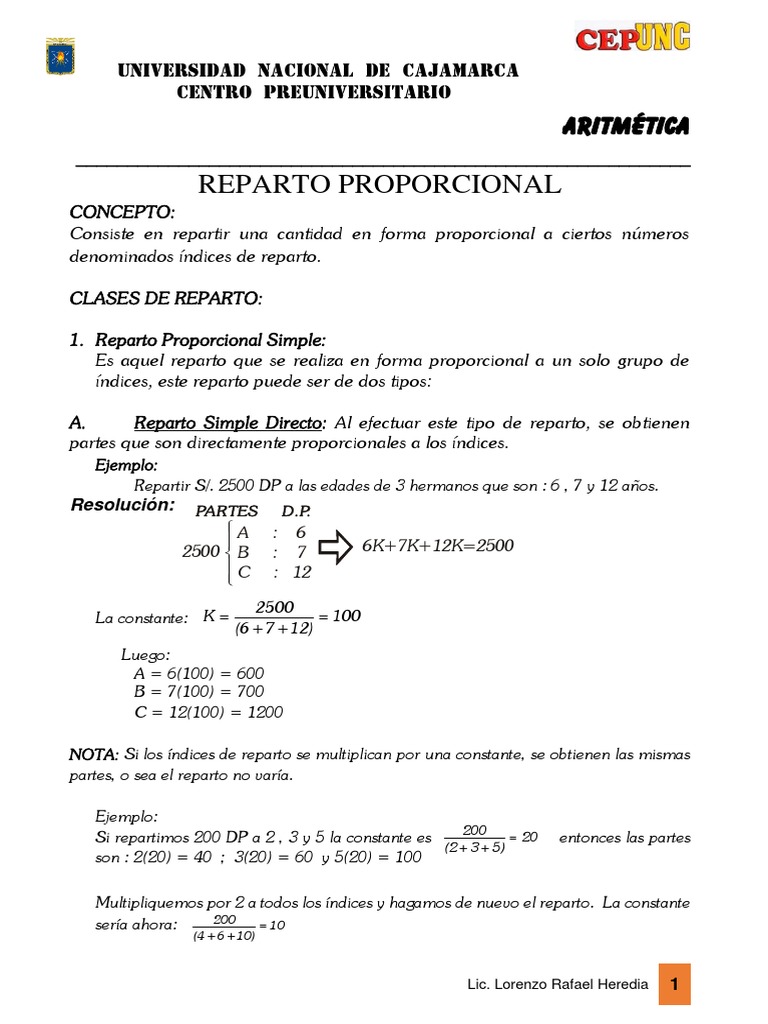 Reparto Proporcional: Conceptos y Ejemplos | PDF | Matemáticas