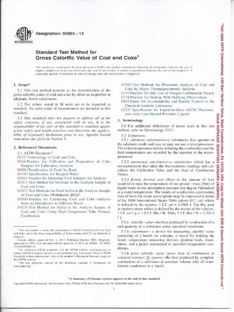 Astm - d5865 - 13 (Pengujian GCV) | PDF