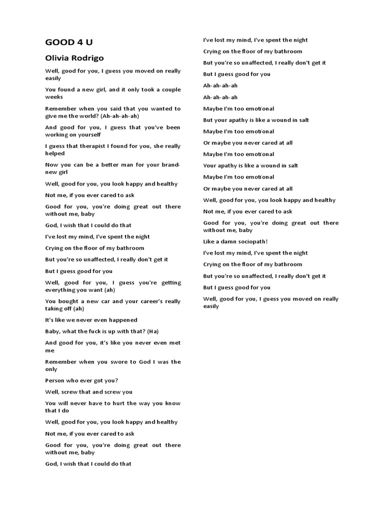 GOOD 4 U by Olivia Rodrigo Lyrics | PDF