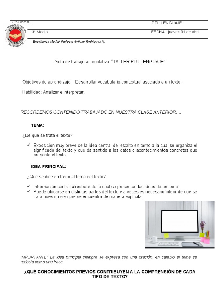 Guía PTU Lenguaje 3° Medio (Jueves 01 de Abril) | PDF | Cognición