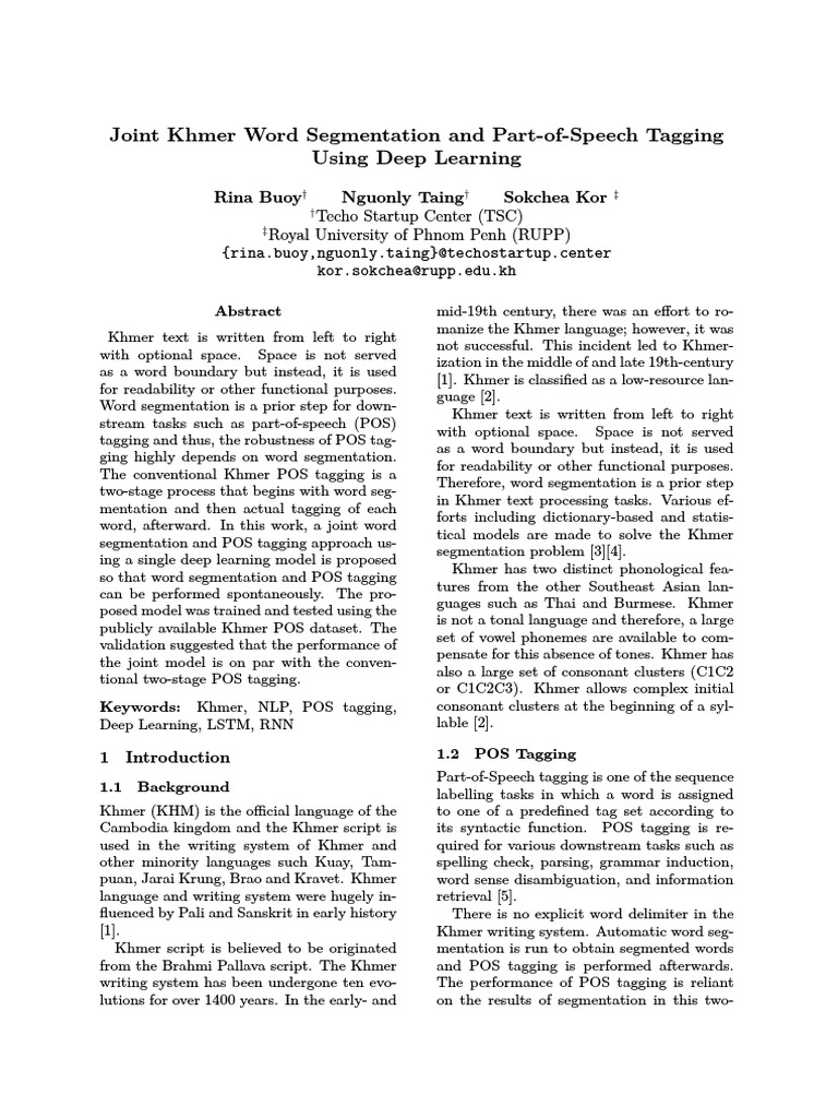 Joint Khmer Word Segmentation and Part-Of-Speech T | PDF | Adverb | Verb