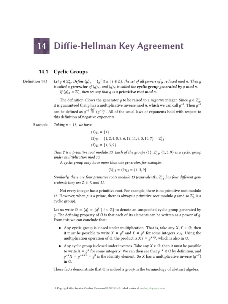 Diffie-Hellman Key Agreement: 14.1 Cyclic Groups | PDF | Group ...