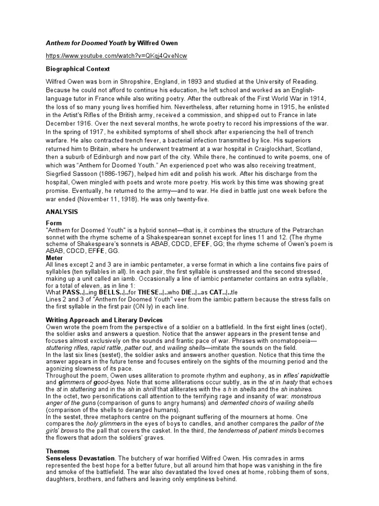 7 Anthem For Doomed Youth by Wilfred Owen | PDF | Poetry | Poetic Form