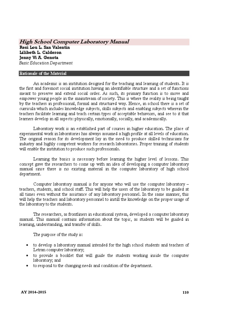 High School Computer Laboratory Manual: Resi Lou L. San Valentin ...