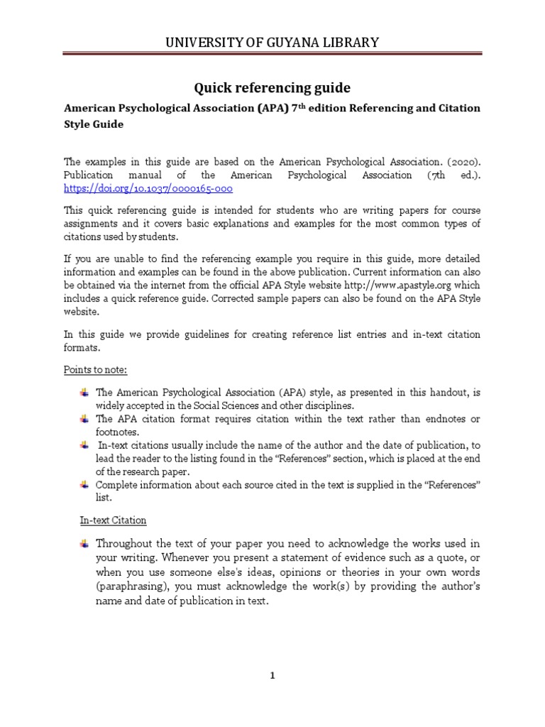 APA 7th Edition Condensed Referencing Style Handout 2020 | PDF ...
