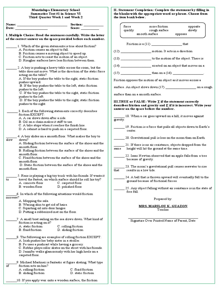 Science VI Summative Test Q3 W1-2 | PDF | Friction | Gravity