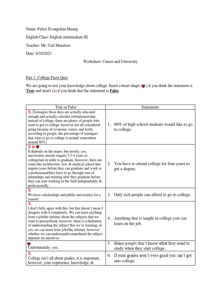 Worksheet Career and College (Felice Evangeline Huang) (F104) | PDF ...