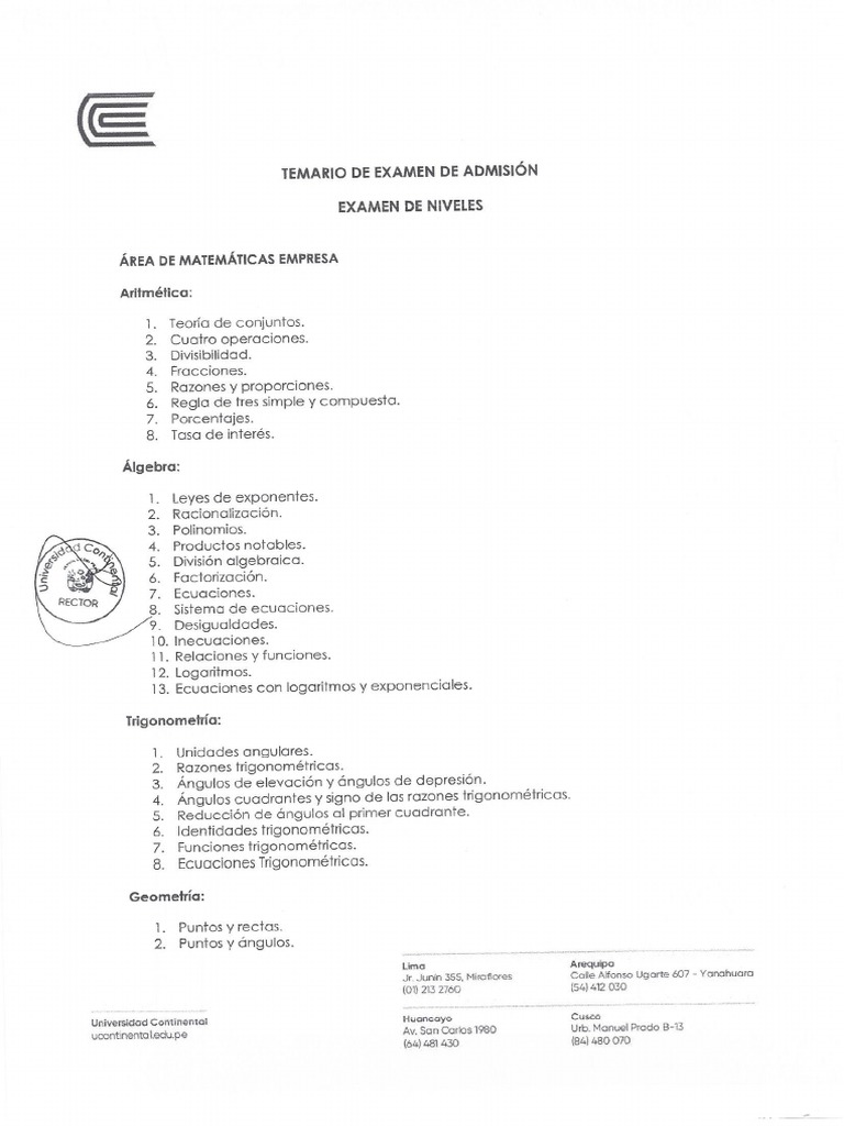 Temario de Examen Admision | PDF