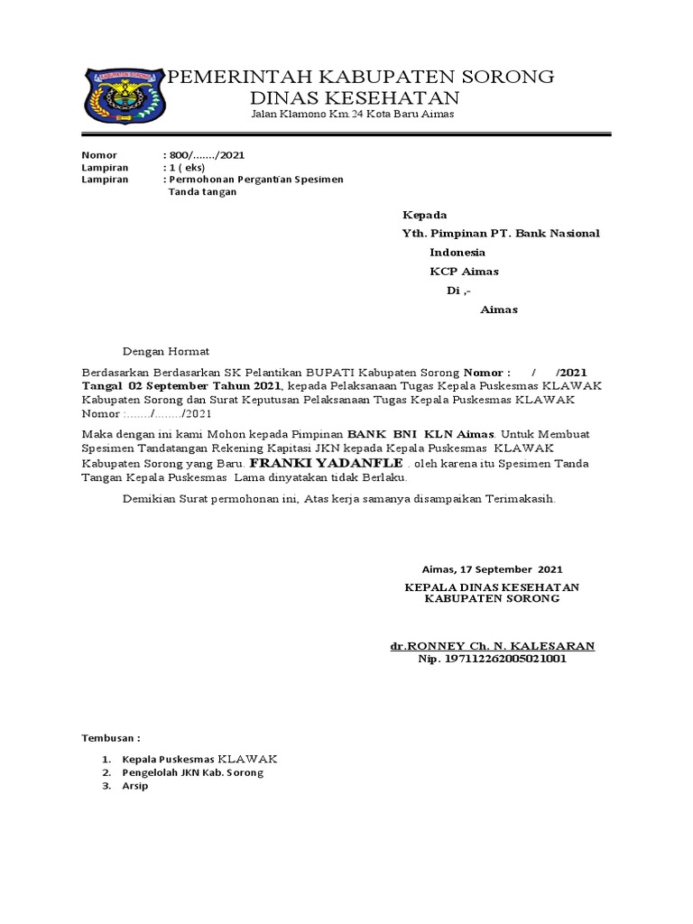 Ganti Spesimen TTD PKM Klawak 2021 | PDF