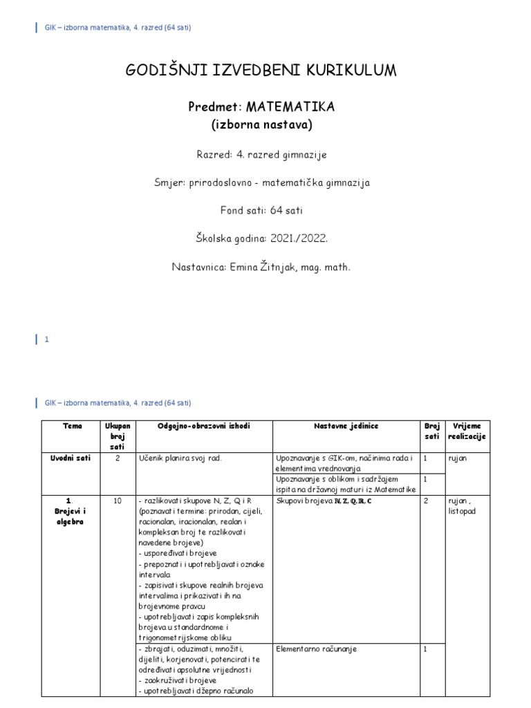 GIK 4. Razred IZBORNA Matematika 2021 - 2022 | PDF
