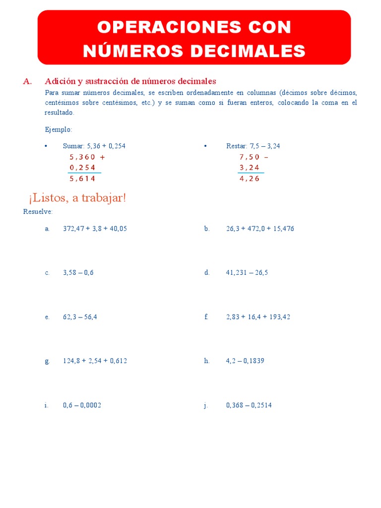 Operaciones Con Números Decimales | PDF | Aritmética | Enseñanza de las ...