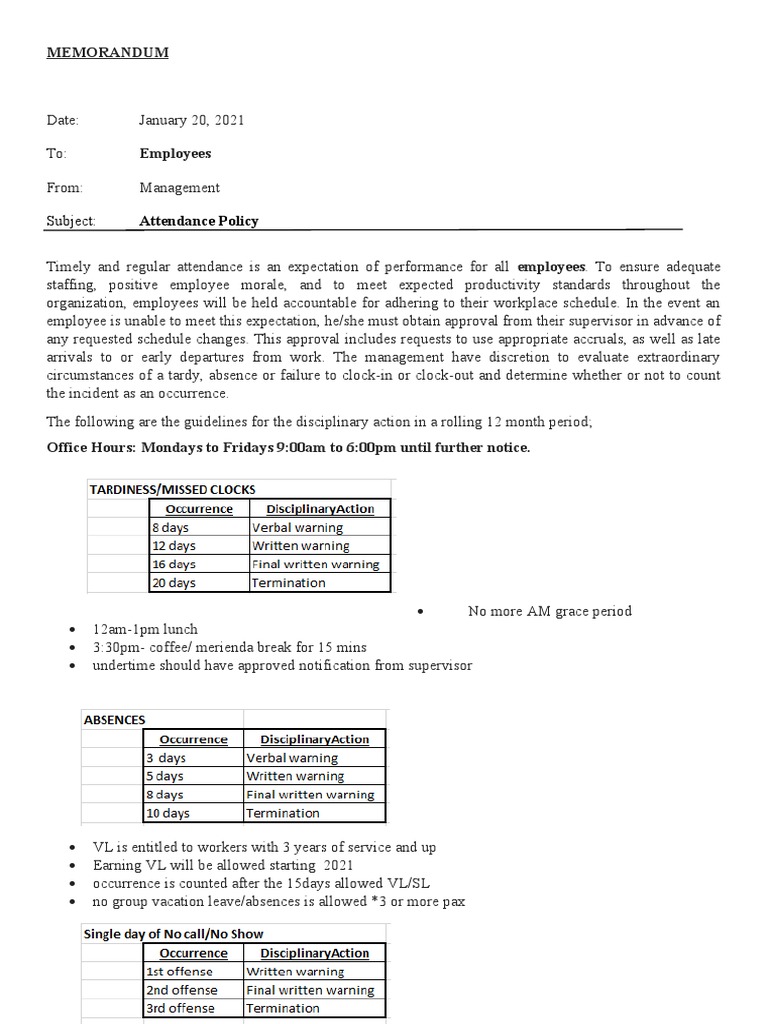 Attendance Policy Memo | PDF