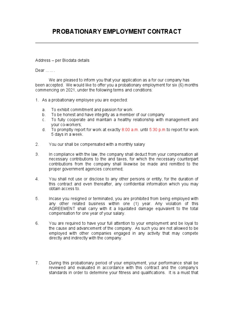 Probationary Employment Contract Template | PDF | Employment | Salary