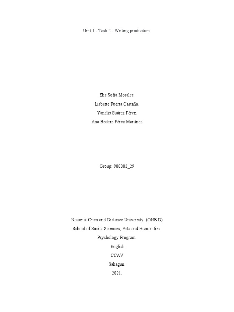 Unit 1 - Task 2 - Writing Production | PDF
