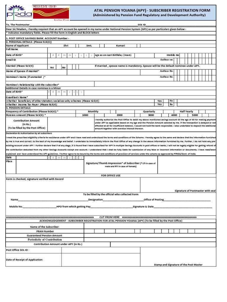 Atal Pension Yojana (Apy) - Subscriber Registration Form | Descargar ...