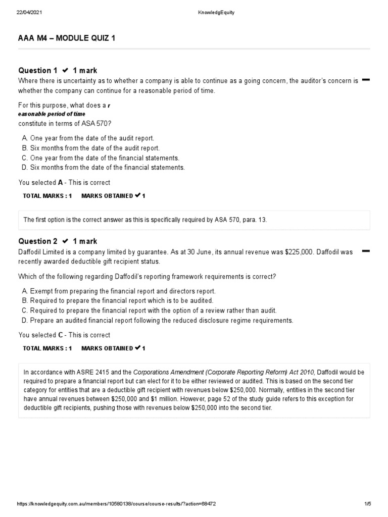 M4 Quiz 1 | PDF | Auditor's Report | Going Concern