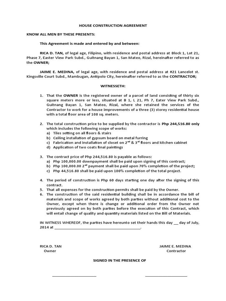 House Construction Agreement Template | PDF | Common Law