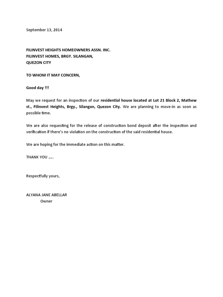 Request for Residential Inspection | PDF
