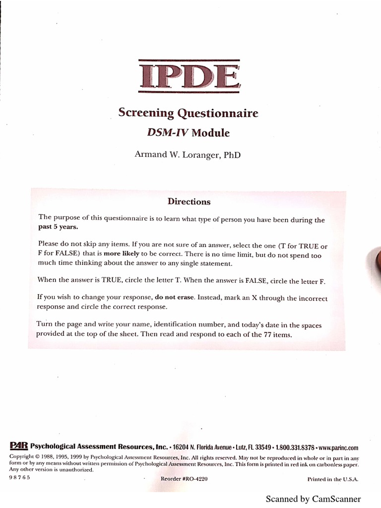 IPDE Personality Disorder. Questionnaire and | PDF
